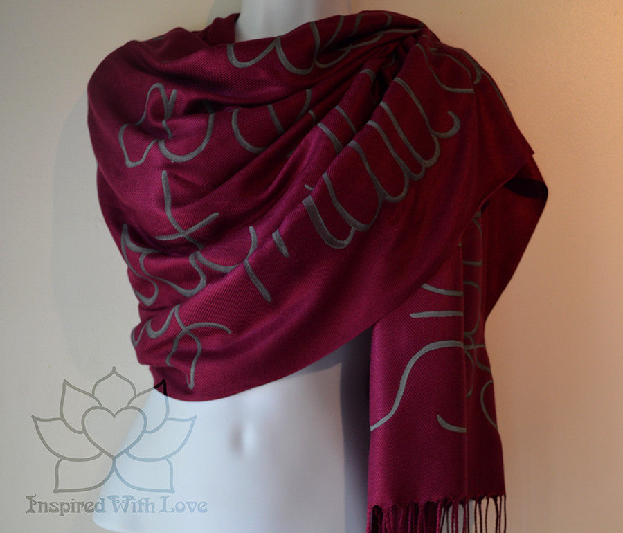 Custom Handpainted Script Pashmina Burgundy Scarf - Inspired With Love