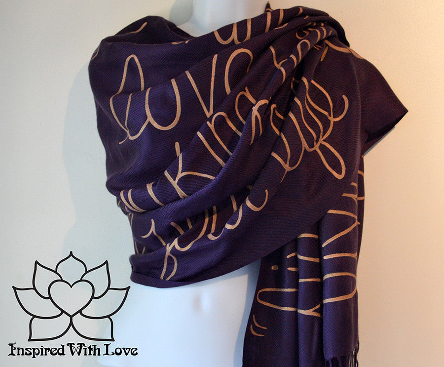Custom Handpainted Script Pashmina Eggplant Scarf - Inspired With Love